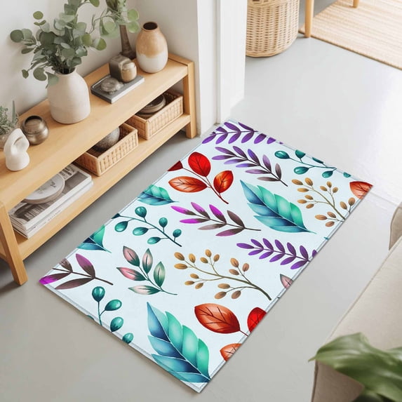 Abstract Purple Red Green Leaves on Blue Rectangle Rug 2'x3' Spring ...