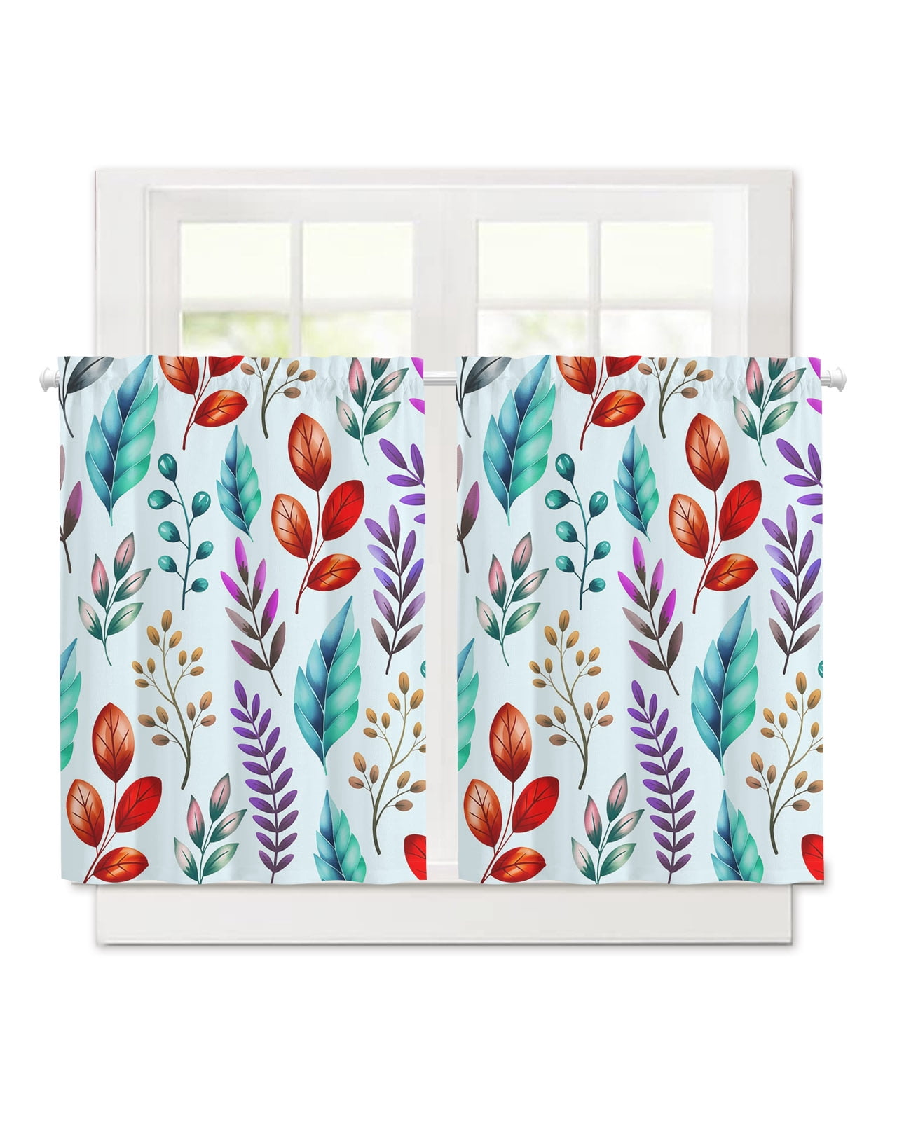 Abstract Purple Red Green Leaves on Blue Short Blackout Curtains 36 ...