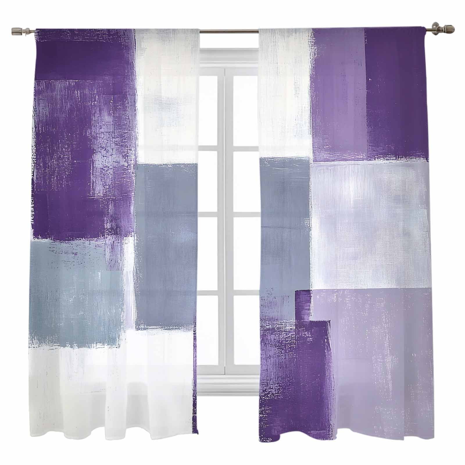 Abstract Purple Sheer Curtains 63 inches Long 2 Panels Set Gray Mottled ...