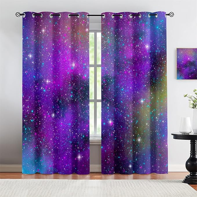 Abstract Purple Starry Sky Blackout Curtains, Cartoon Glitter Universe ...