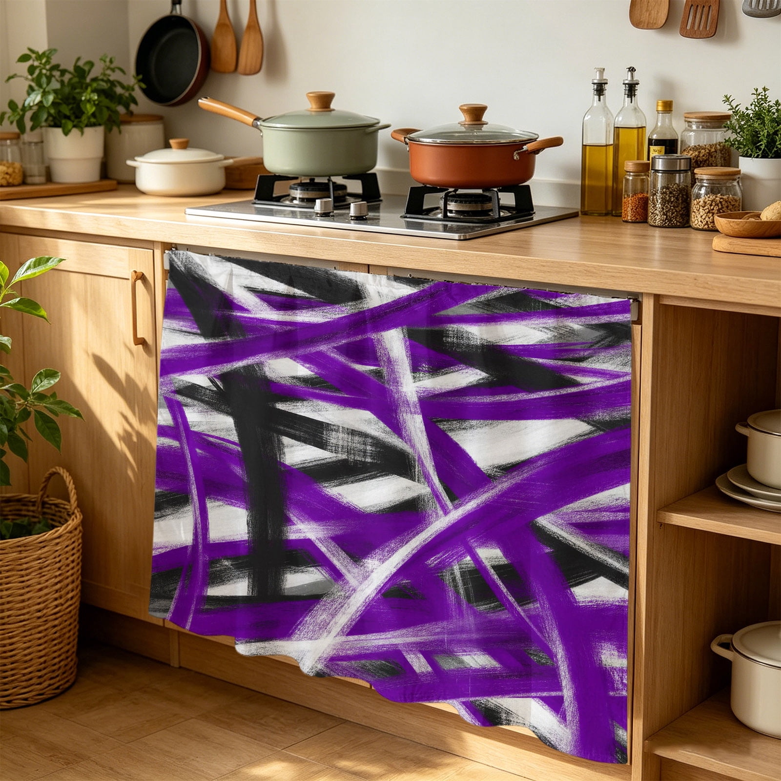 Abstract Purple Waves Cabinet Curtains 35"Wx35"L, Modern Minimalist ...