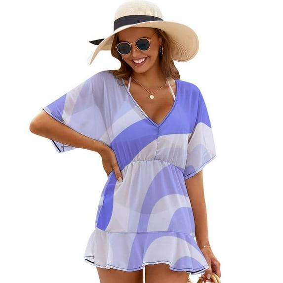 Abstract Purple Wavy Design Beach Cover Ups Women V Neck Short Sleeve ...