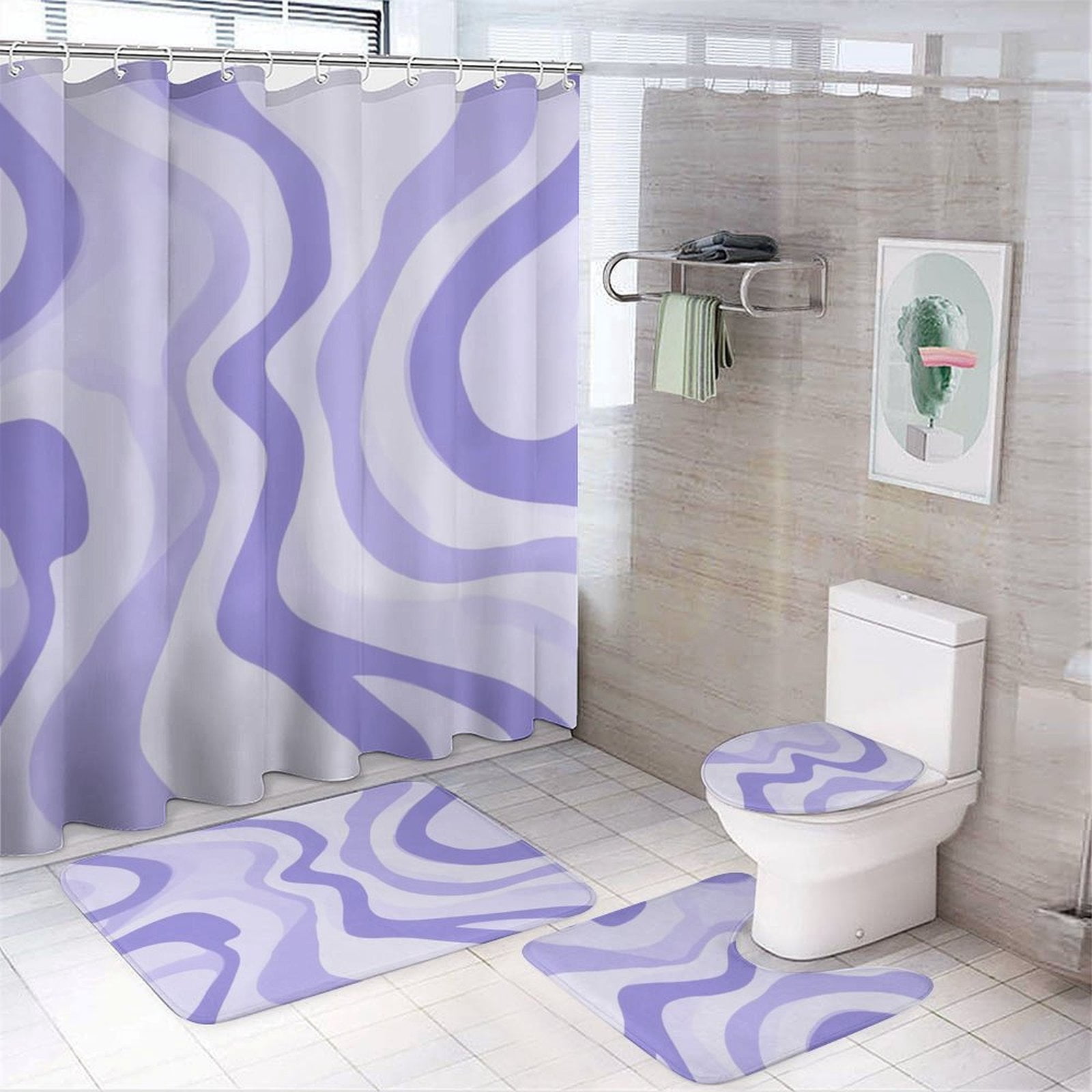 Abstract Purple Wavy Pattern Design 4 Pcs Bathroom Sets with Waterproof ...