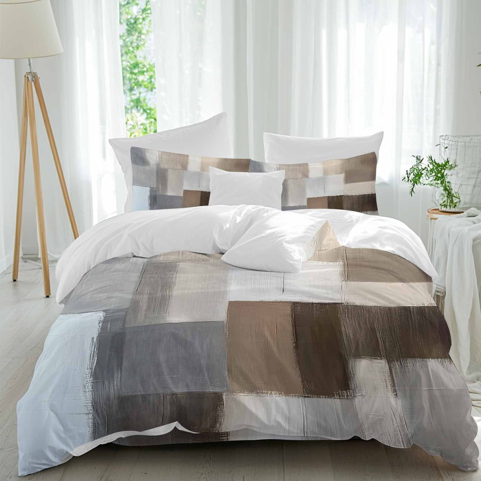 Abstract Queen Duvet Cover Set, Brown Beige Color Block Geometric Plaid ...