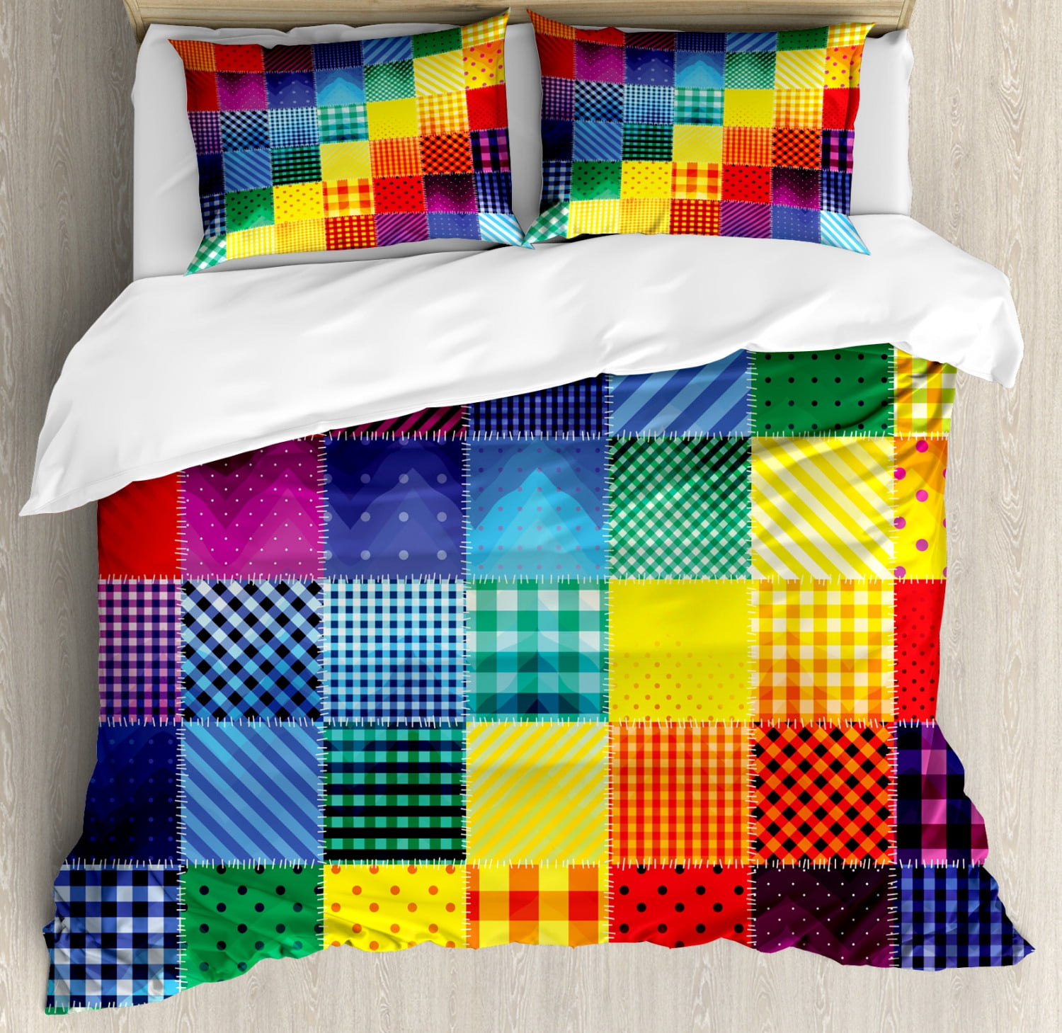 Abstract Queen Size Duvet Cover Set, Rainbow Colored Square Shaped ...