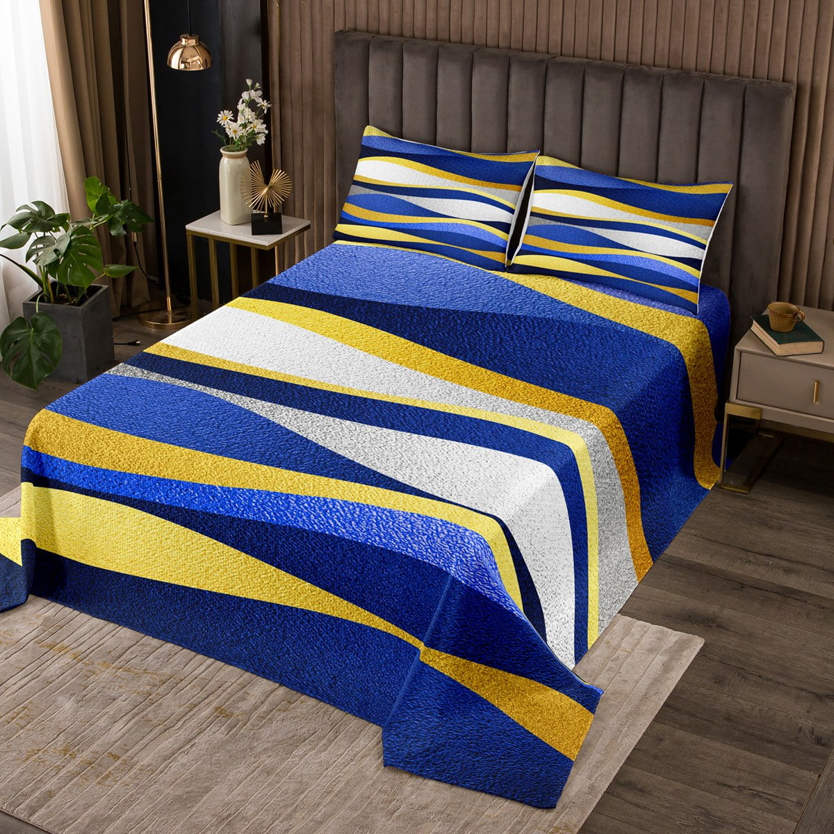 Abstract Quilt Set King Gold Navy Blue Stripes Lines Bedspread Set for ...