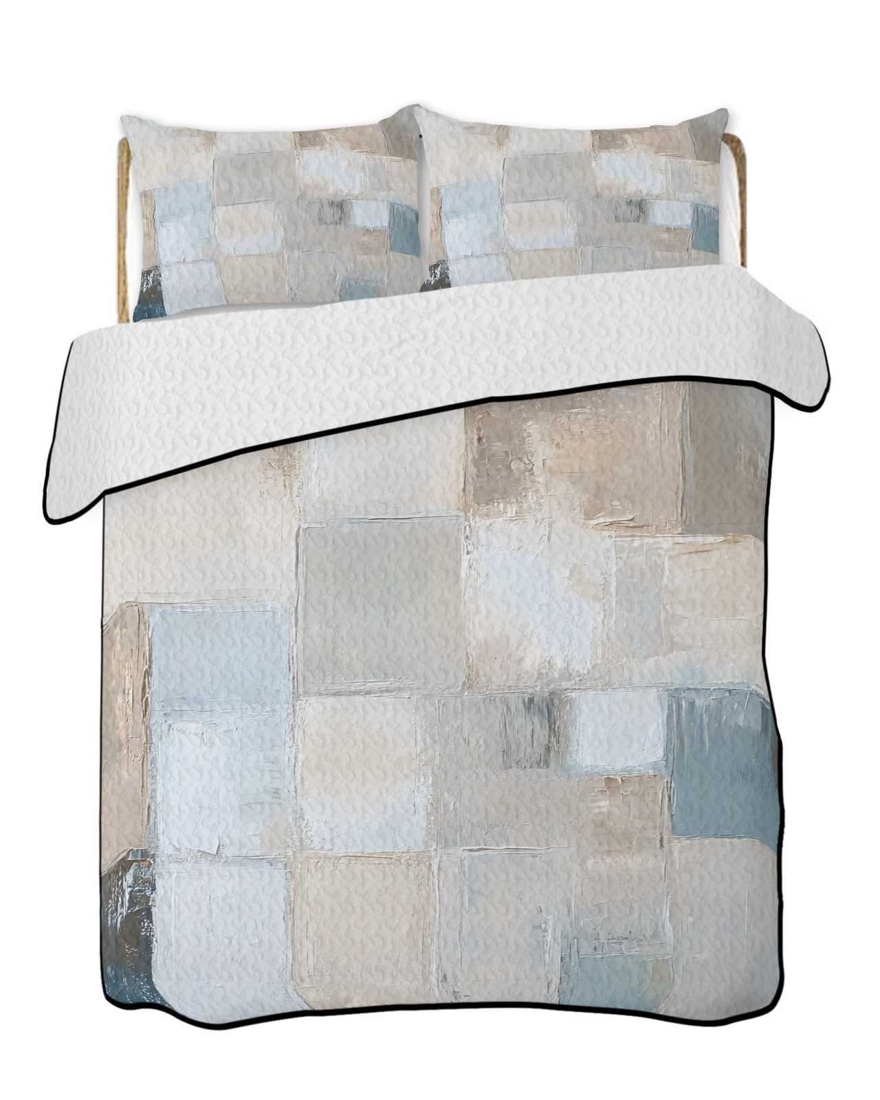 Abstract Quilts Bedding Set California King Beige Blue Grey Color Block ...