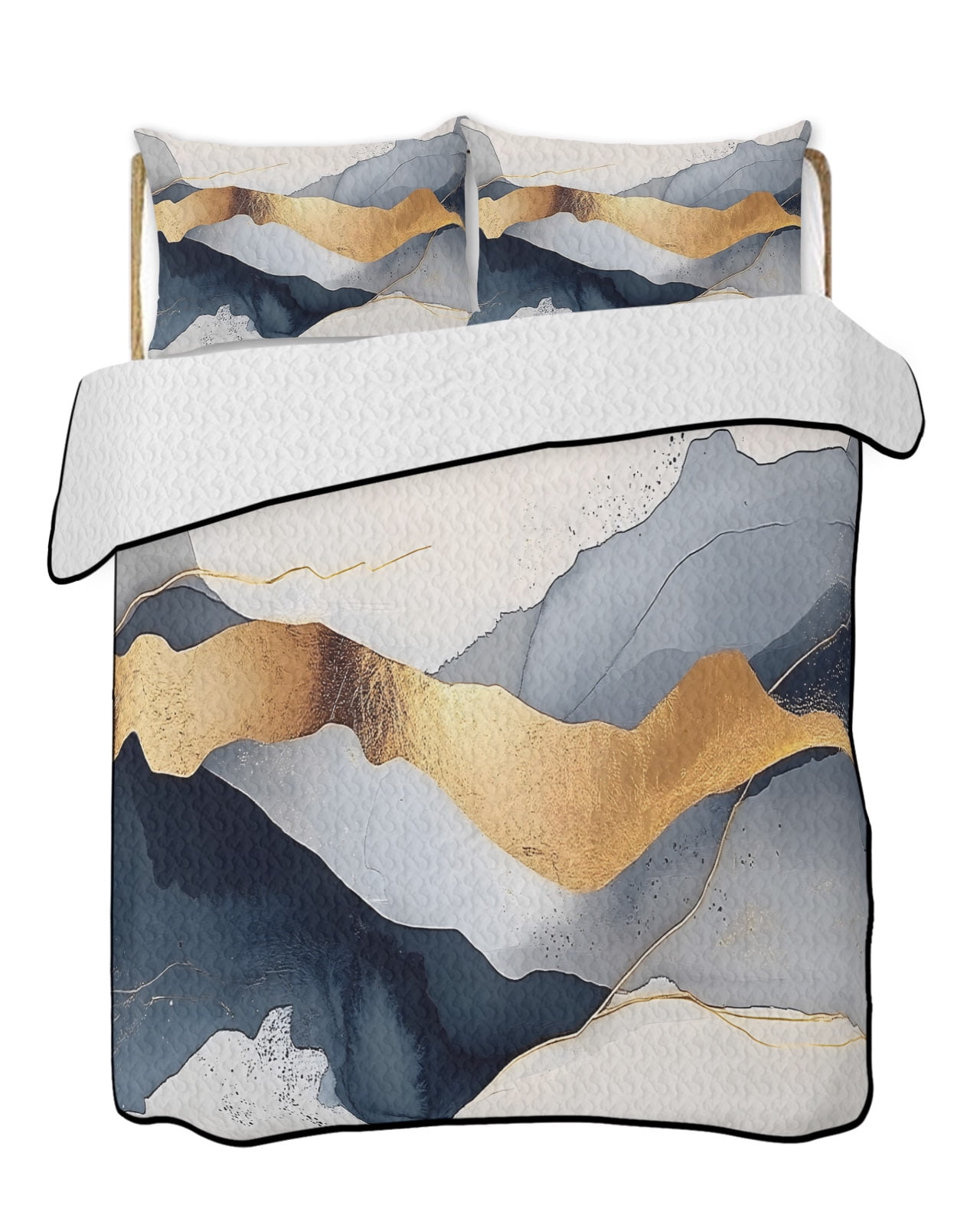Abstract Quilts Bedding Set Full Size Modern Gold Blue Grey Geometric ...