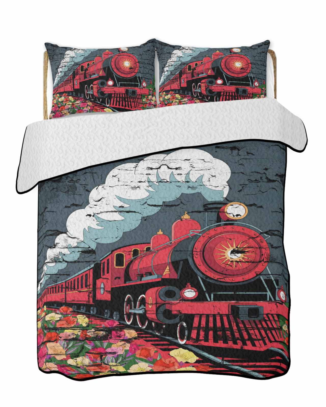 Abstract Quilts Bedding Set Full Size Red Trains Flower Tunnels ...