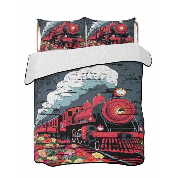 Abstract Quilts Bedding Set Full Size Red Trains Flower Tunnels ...