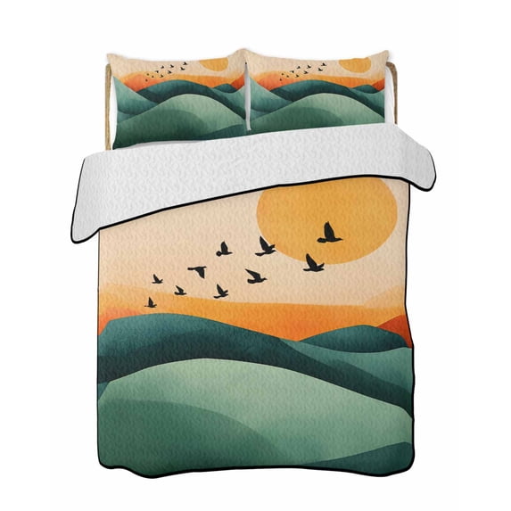 Abstract Quilts Bedding Set King Size Peaks Sun Set Birds Oil Painting ...