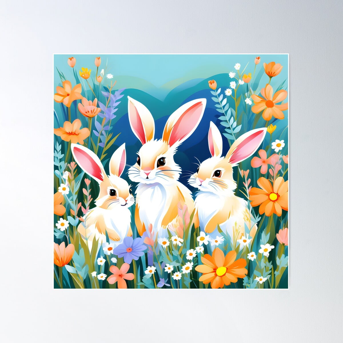 Abstract Rabbits And Wildflowers Seamless Pattern Poster Wall Art ...