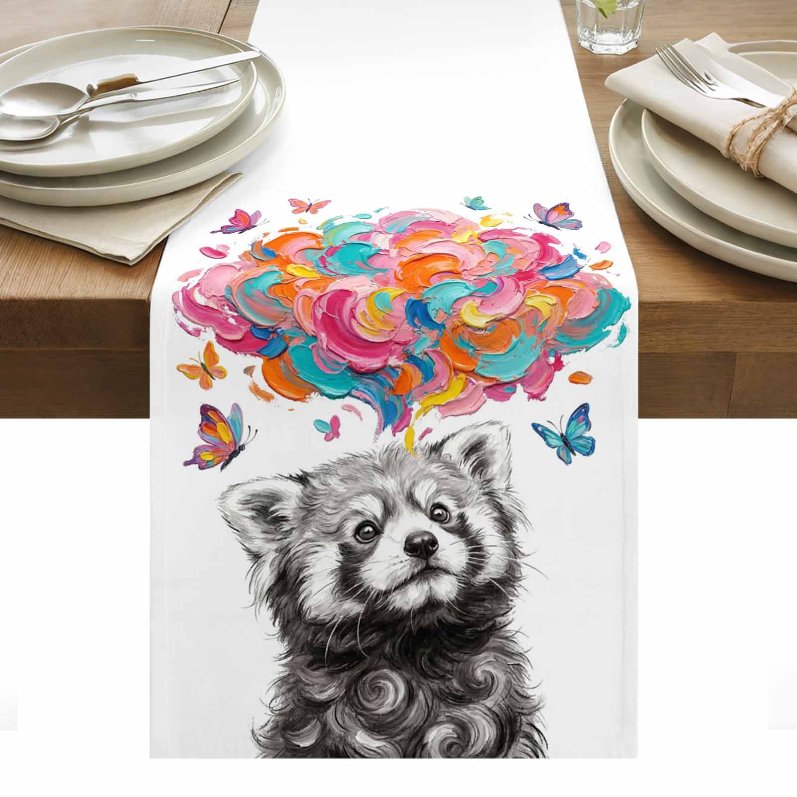 Abstract Raccoon Cotton Linen Table Runner Colored Heart Paint Red Blue ...