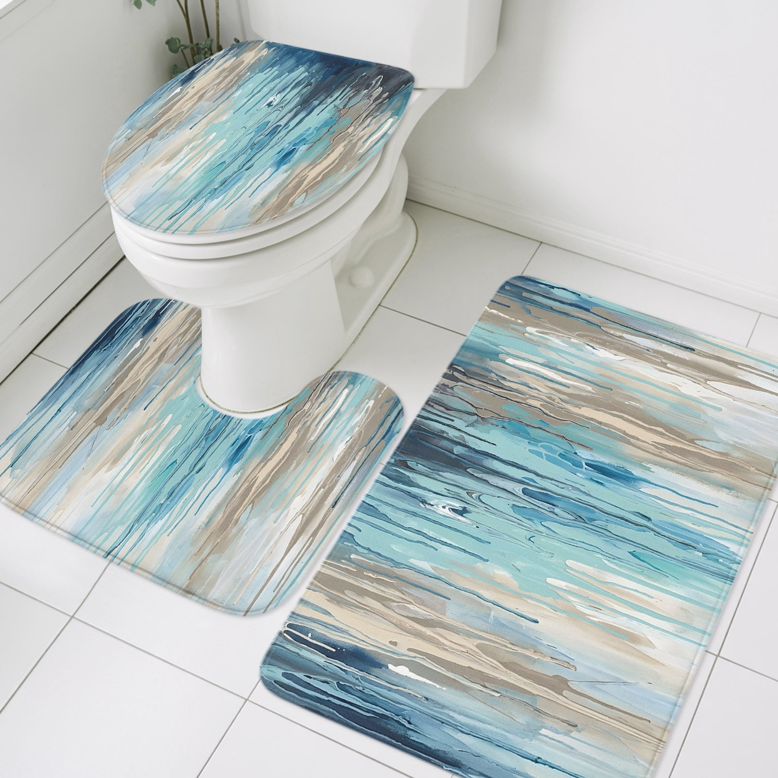 Abstract Rain Bathroom Rugs Set Modern Teal Beige Blue Ocean Waves ...