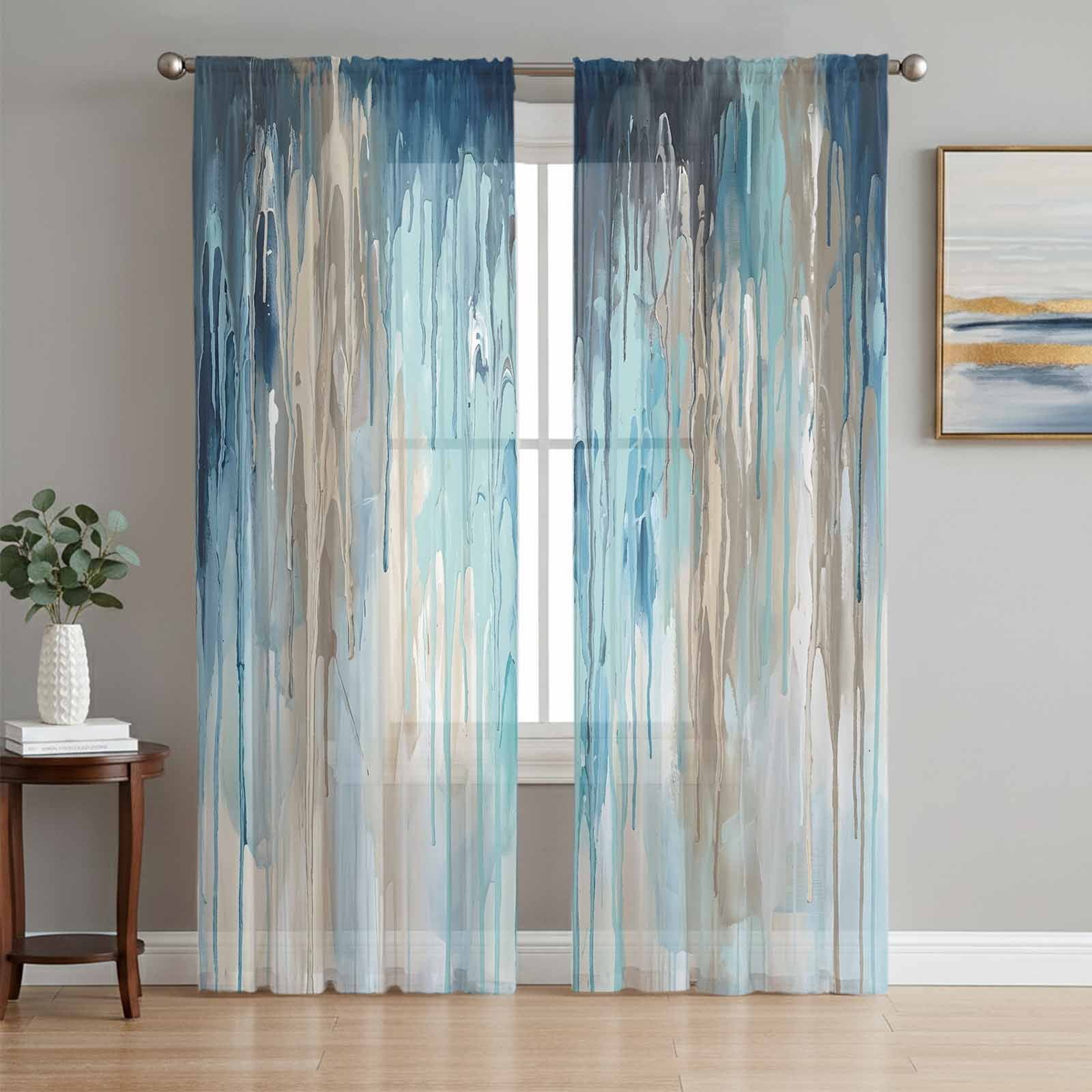 Abstract Rain Sheer Curtains for Living Room Bedroom, Modern Teal Beige ...