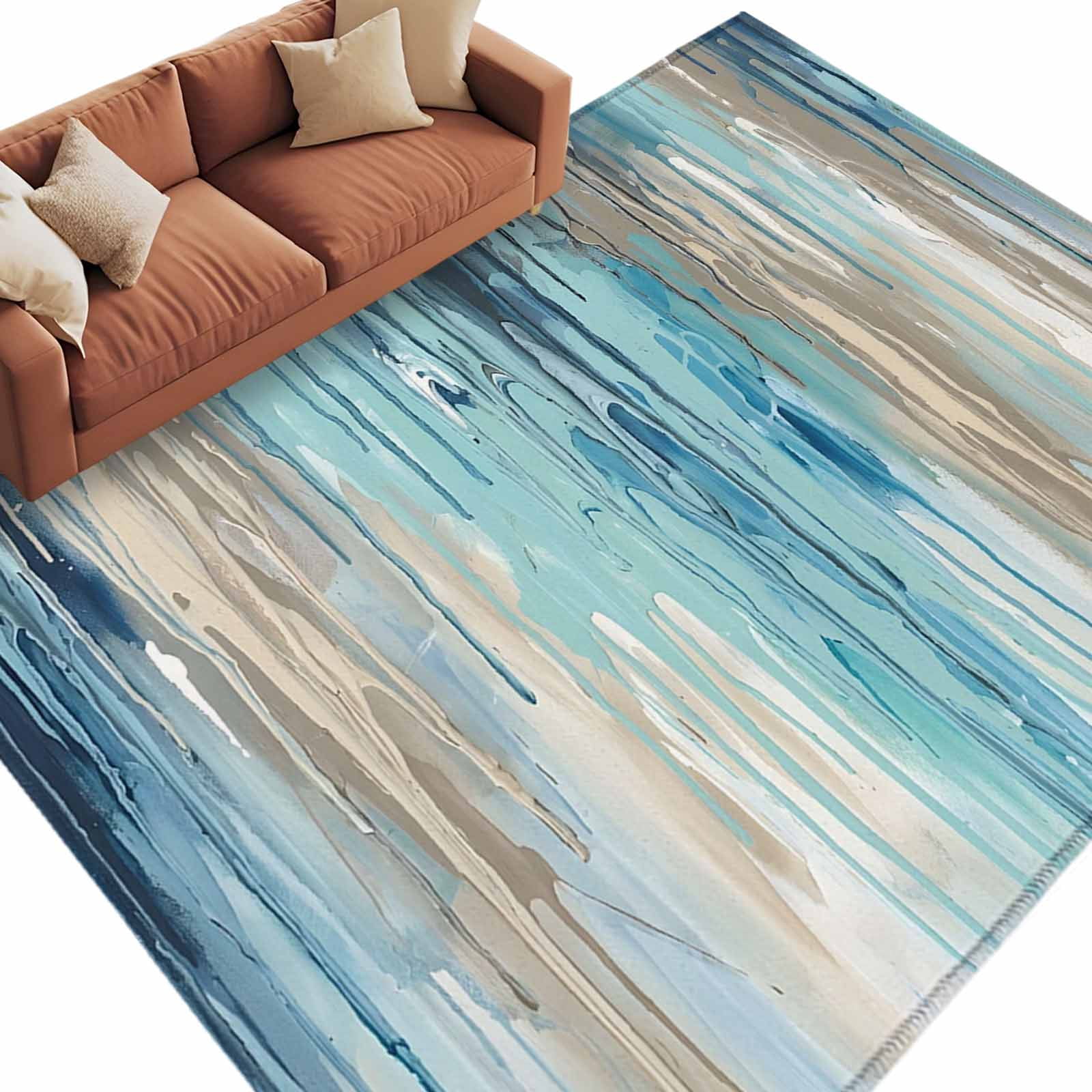 Abstract Rain Washable Living Room Rugs 8'x10', Modern Teal Beige Blue ...