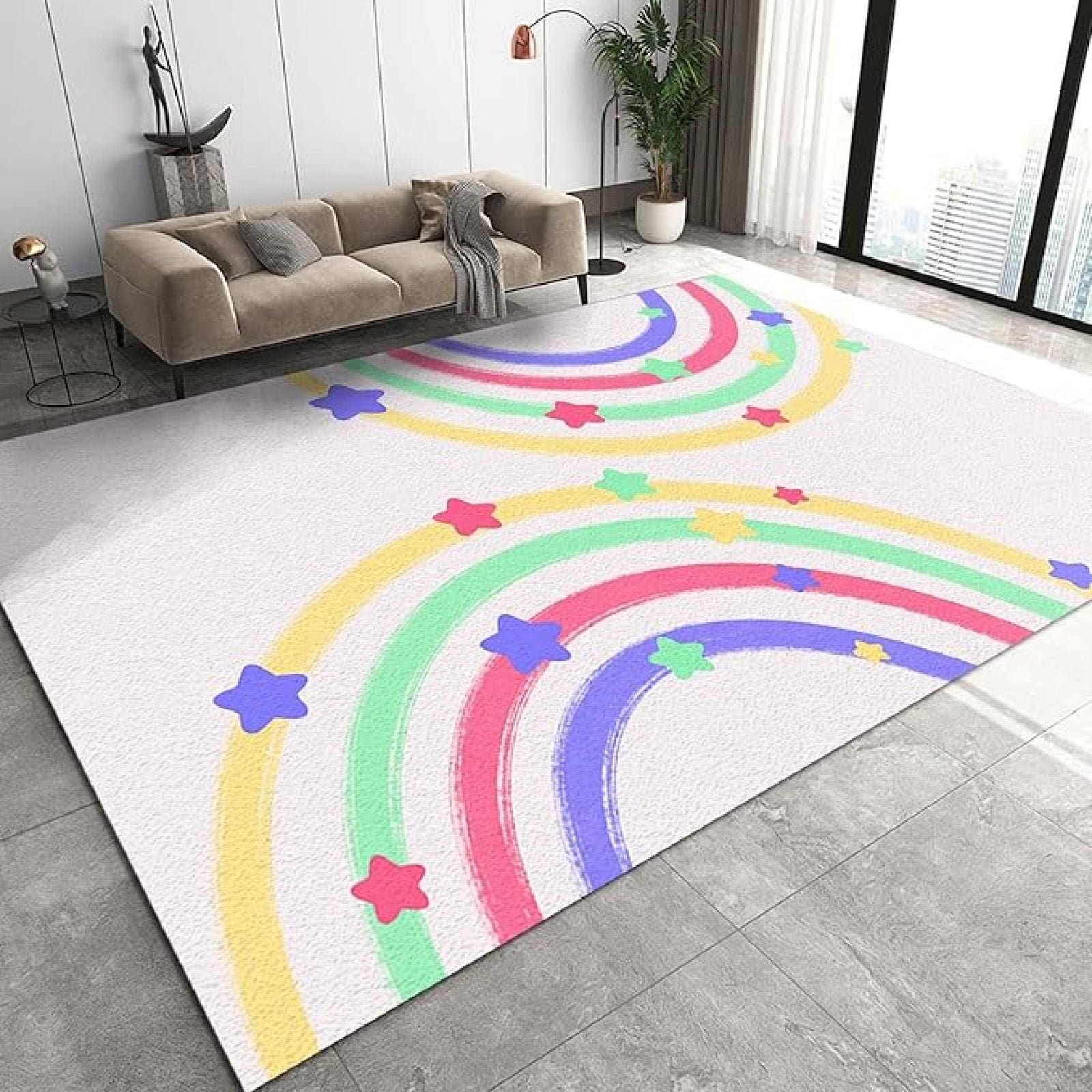 Abstract Rainbow Doodle Star Area Rugs, Boho Striped Art Non-Slip Kids ...