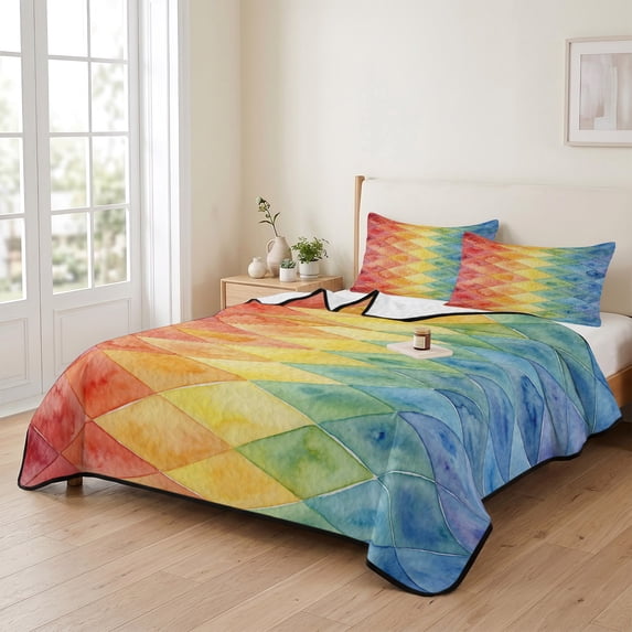 Abstract Rainbow Geometric 3 Pieces Quilt Set,1 Quilt with 2 Shams ...