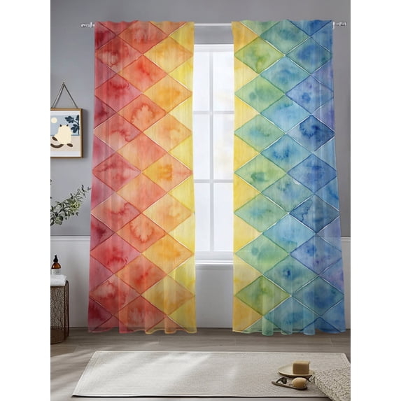 Abstract Rainbow Geometric Chiffon Sheer Curtains 84 Inches Long ...