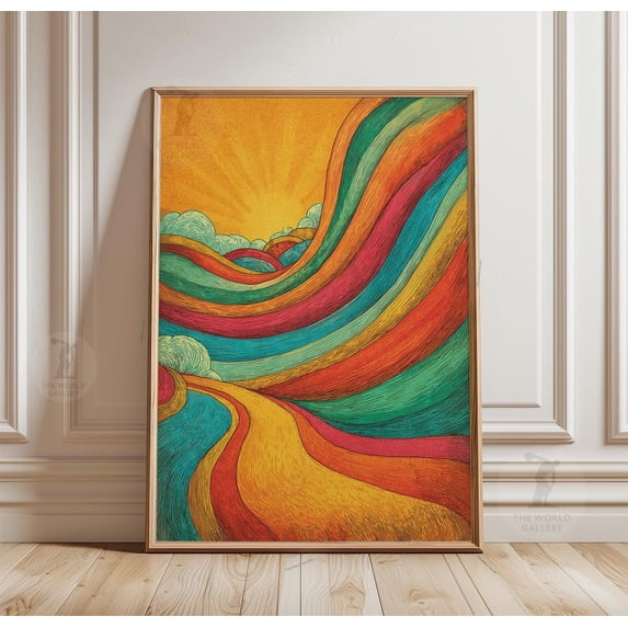 Abstract Rainbow Landscape Psychedelic Retro Wave Art, Stretched Canvas ...
