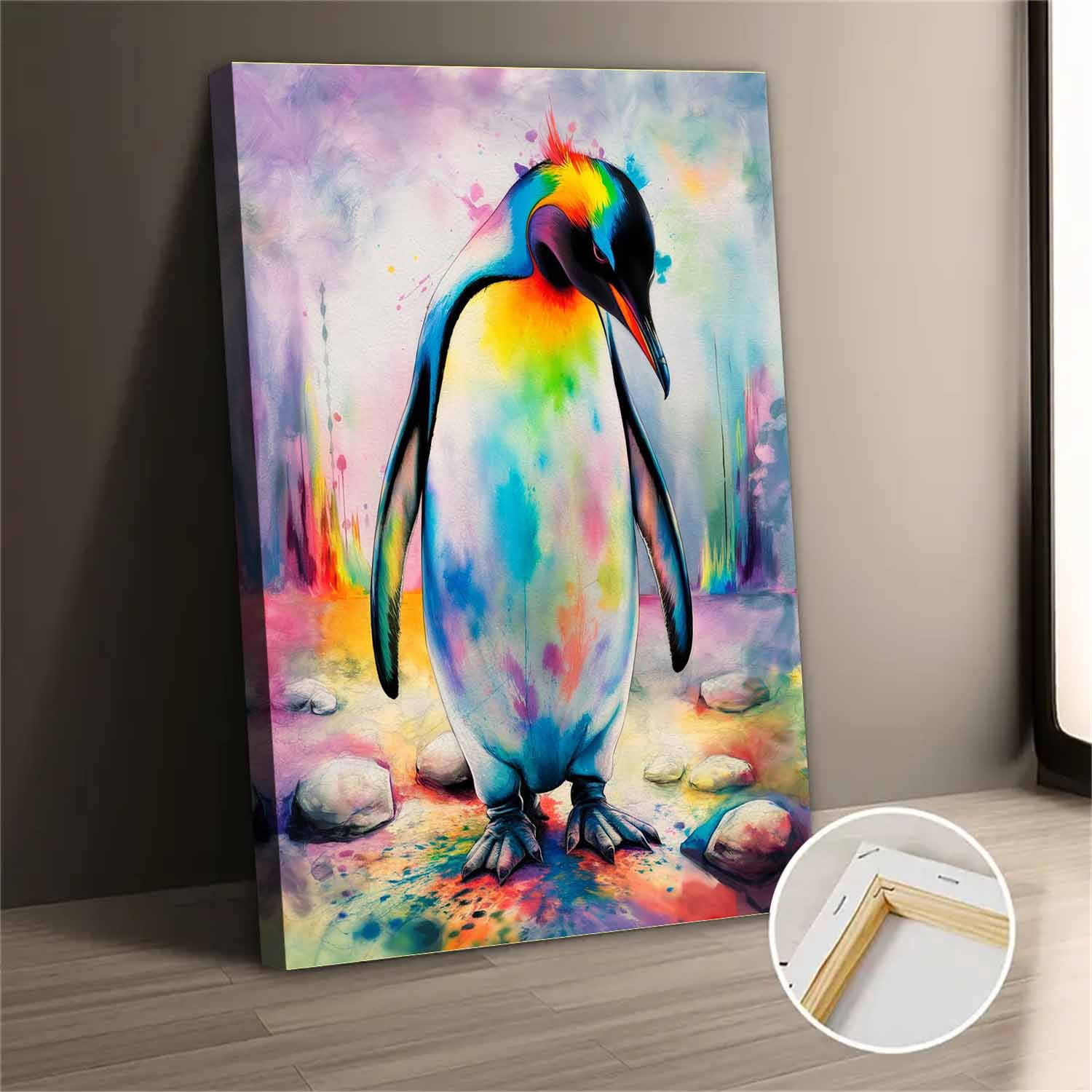 Abstract Rainbow Penguin Canvas Wall Art Print for Bedroom Living Room ...