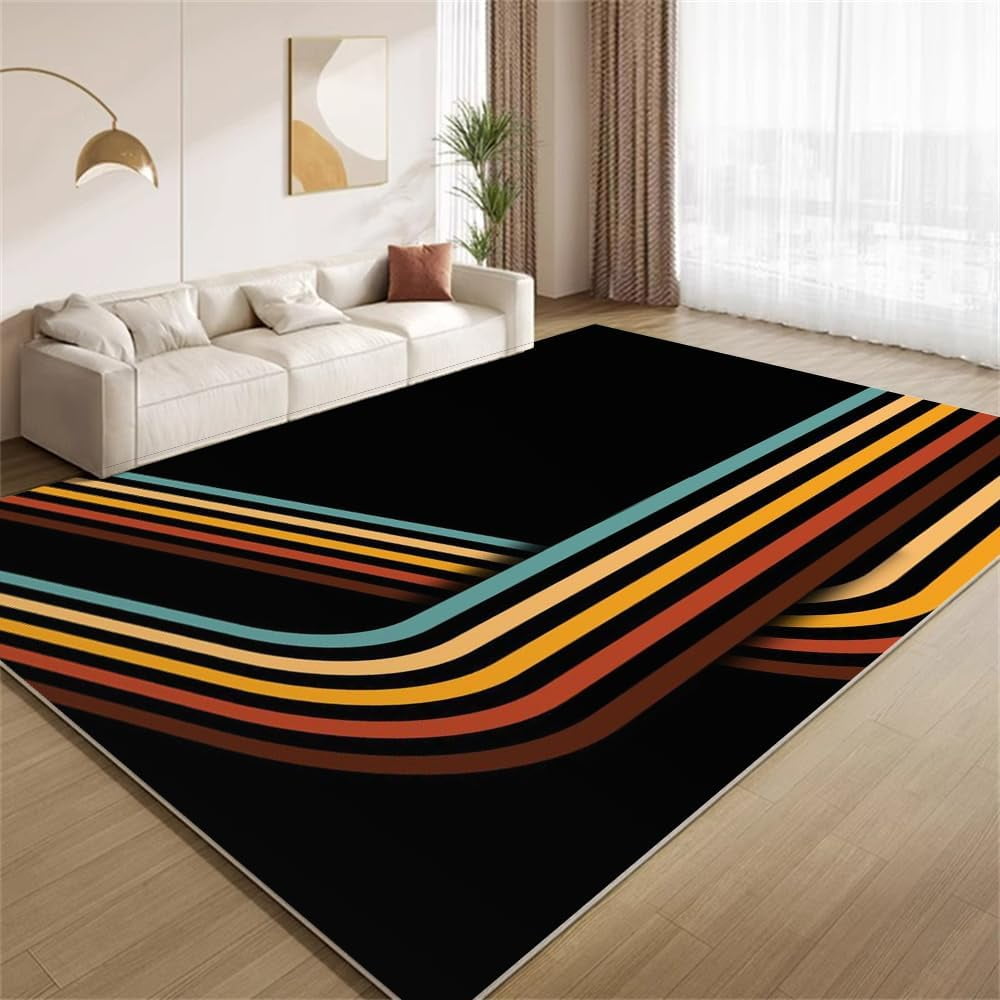 Abstract Rainbow Stripes Lines Area Rug 4x8 Rug Retro Minimalist Black ...