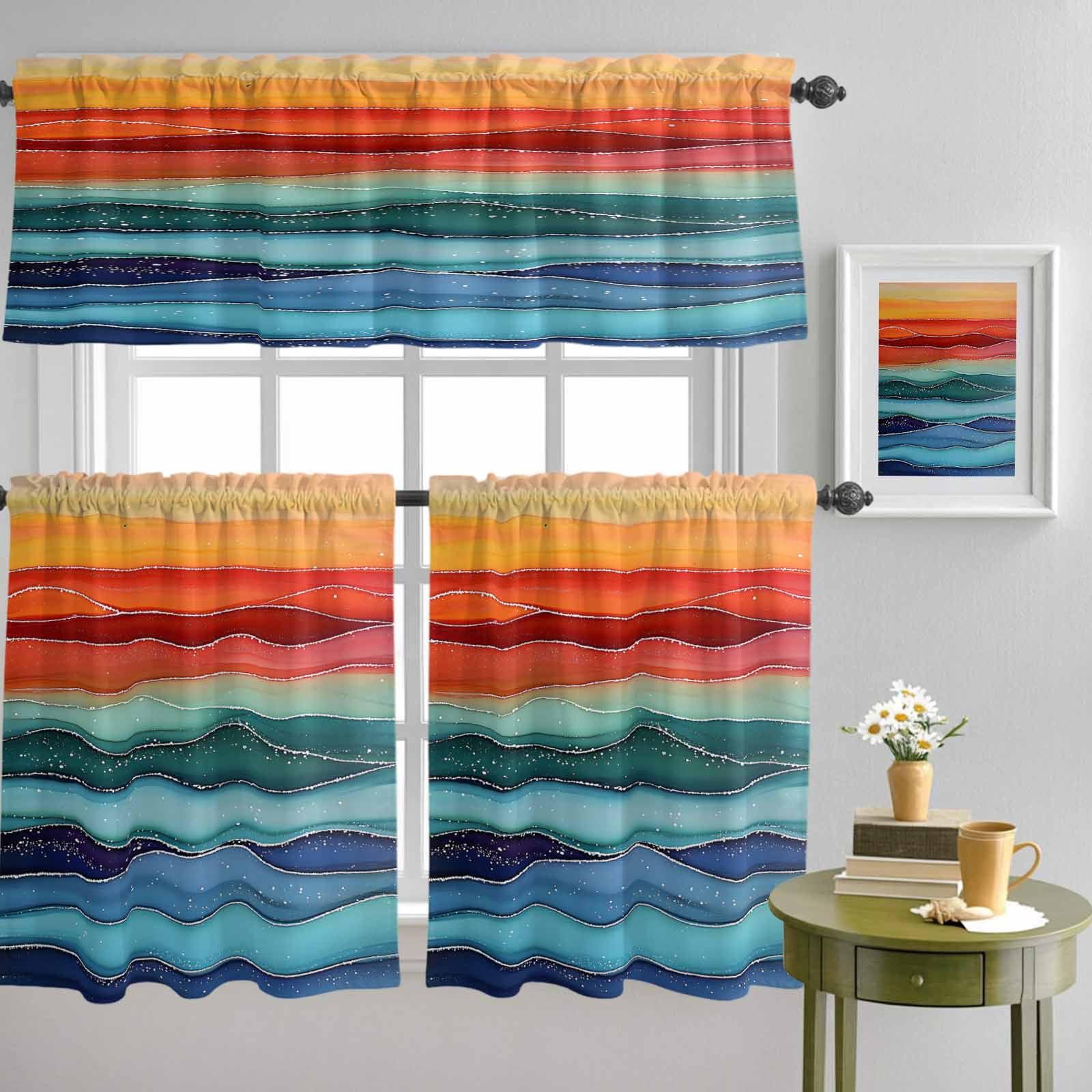 Abstract Rainbow Wave Marble Texture Curtain Tier and Valance Set 3 ...