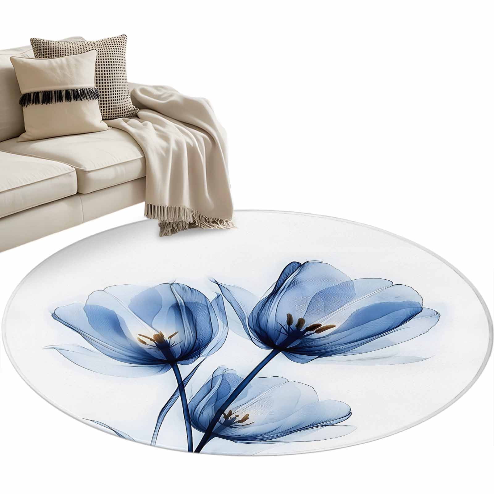 Abstract Ray Tulip Round Area Rug 3ft Transparent Blue Flower Non-Slip ...