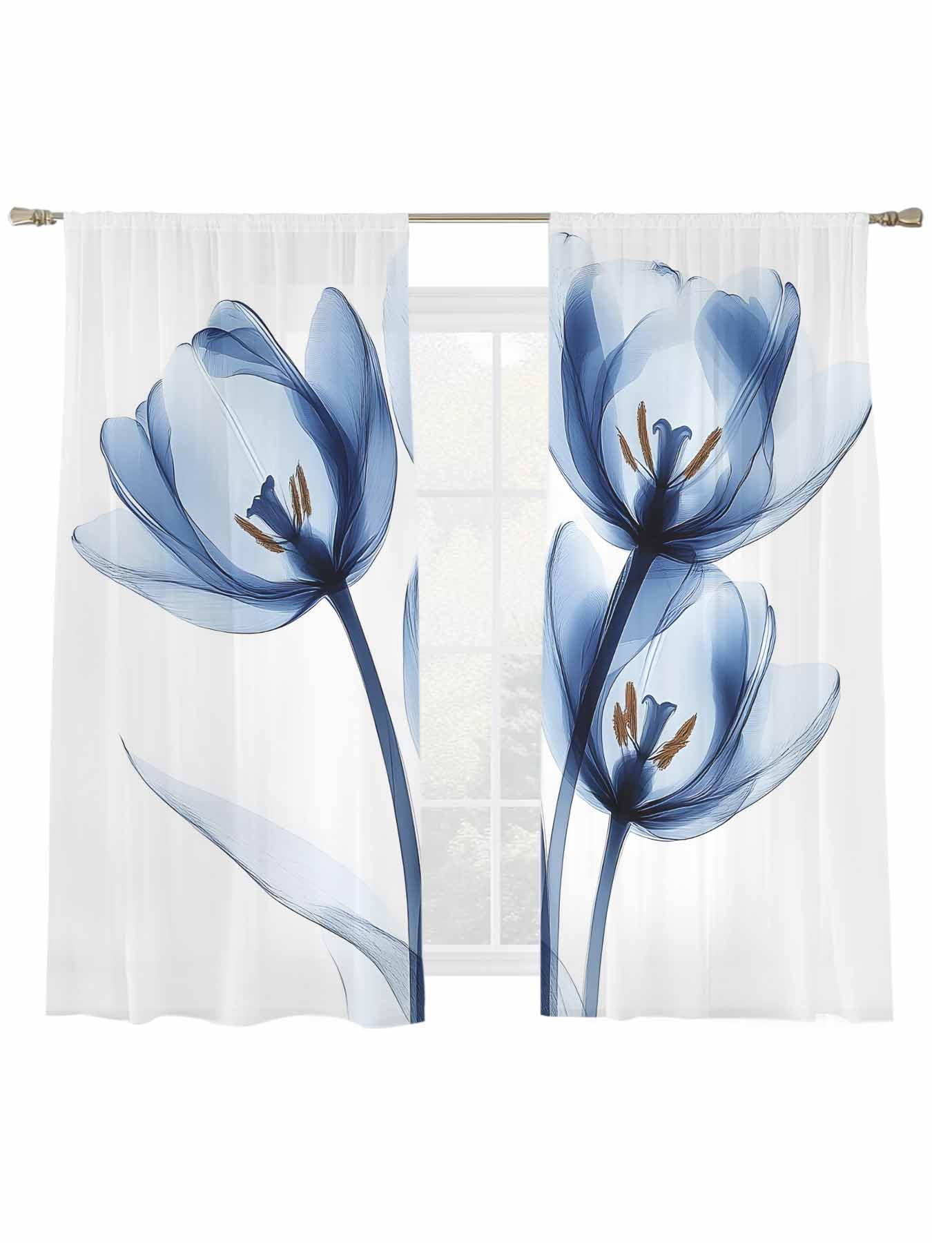 Abstract Ray Tulip Sheer Curtains 2 Panels Set Transparent Blue Flowers ...