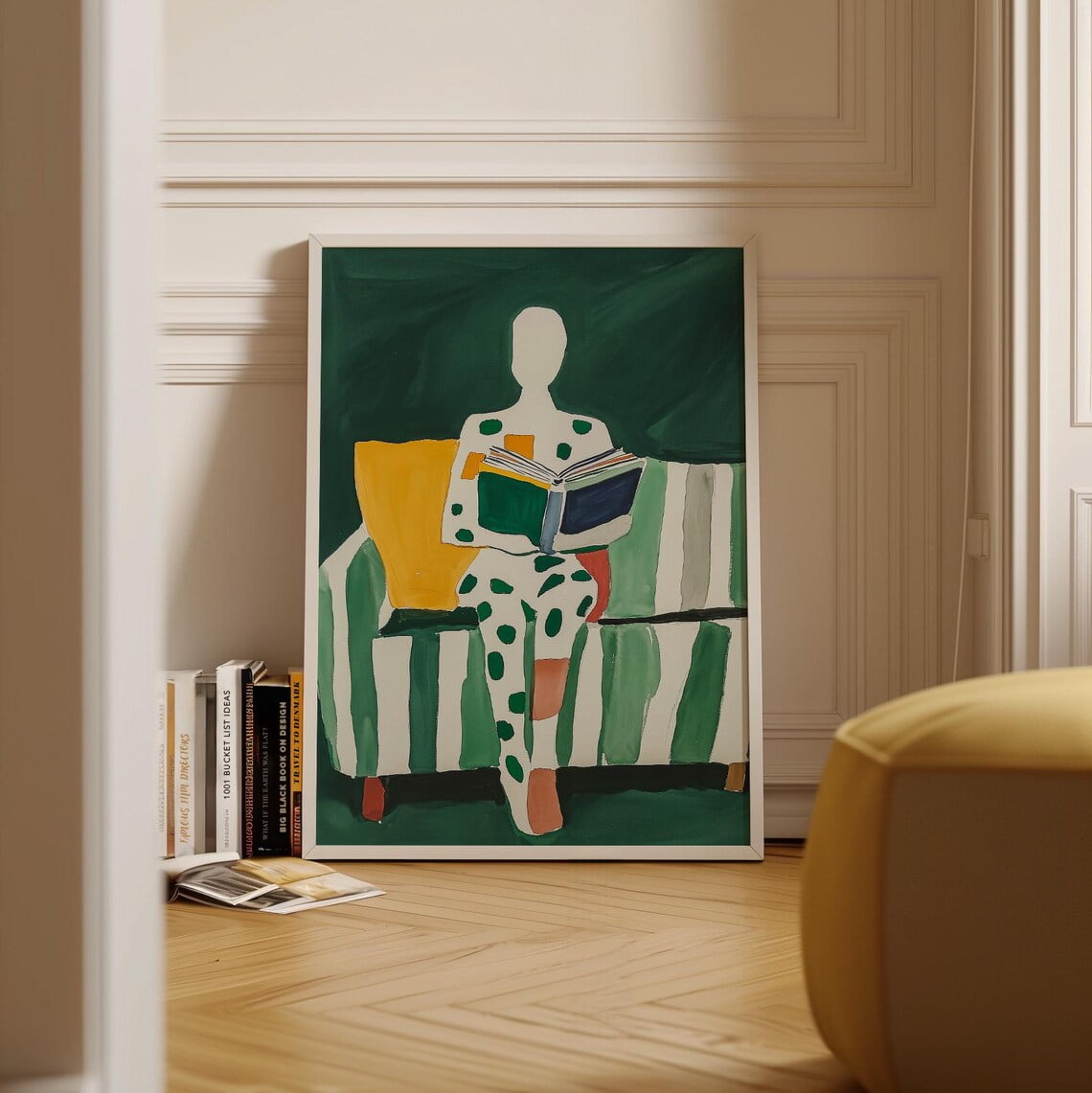 Abstract Reading Art Print, Figure On Green Striped Couch, Minimalist ...