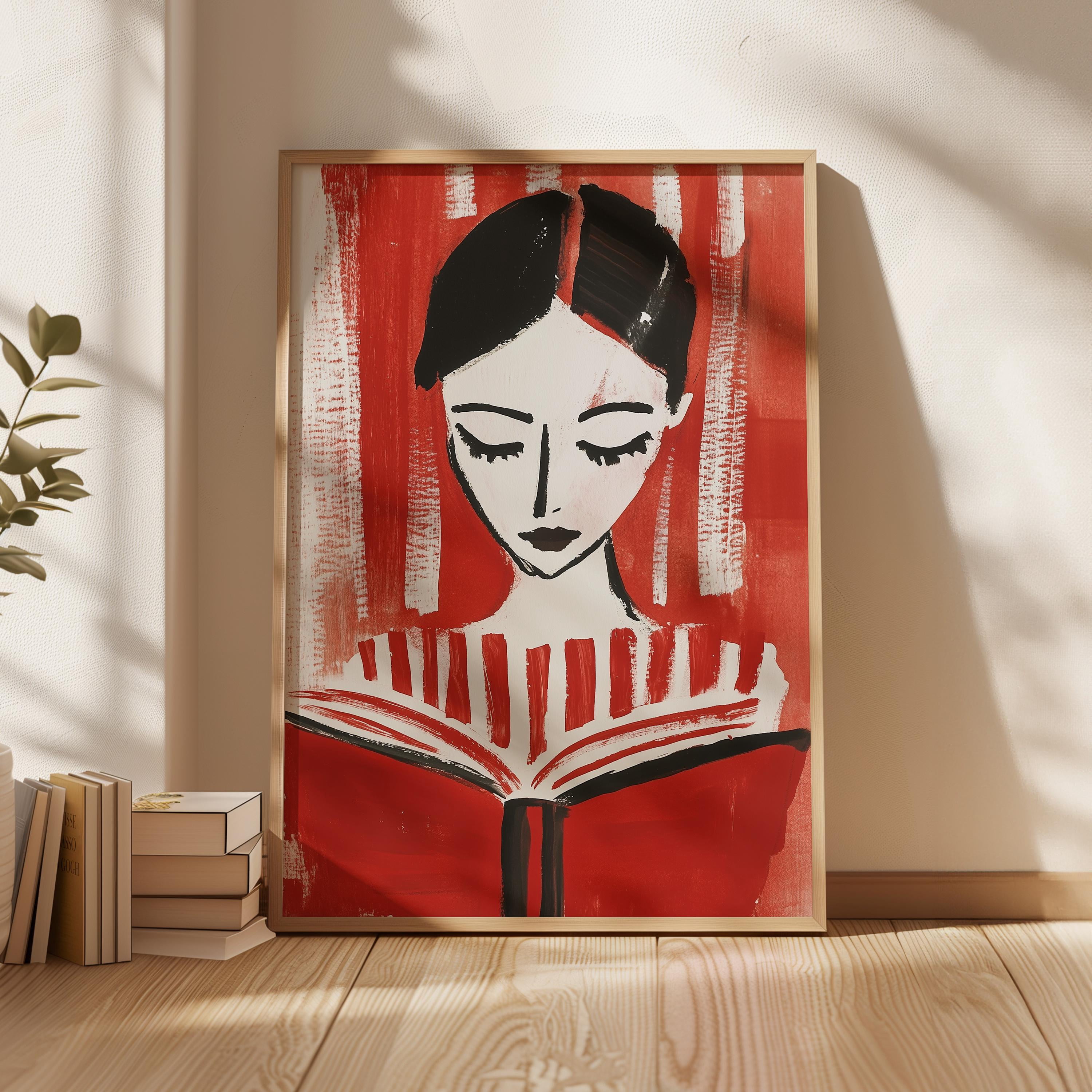 Abstract Reading Woman Art Print Red And White Modern Decor Home Decor ...