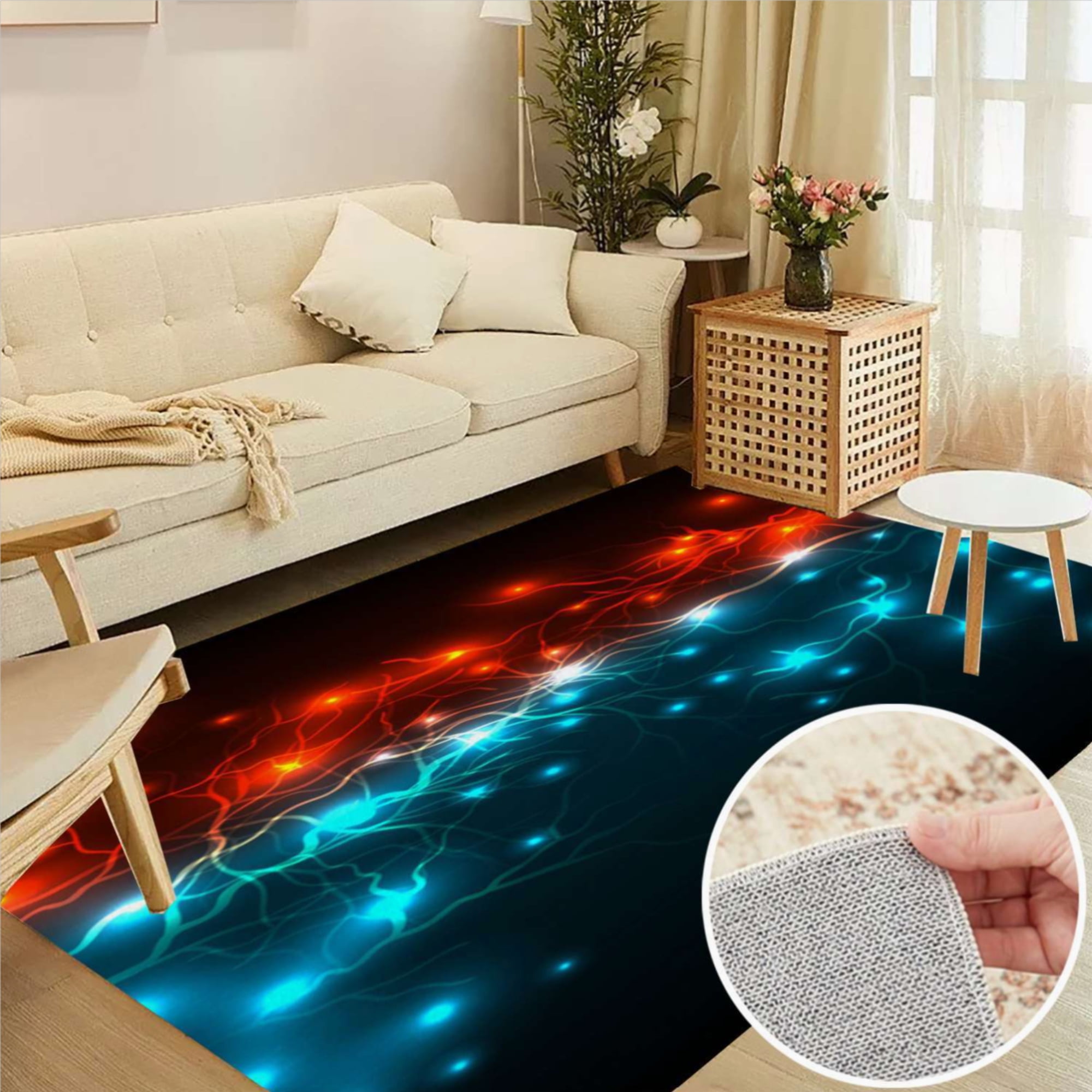 Abstract Red And Blue Lightning Soft Large Area Rugs Washable Rug With Non-Slip Backing Carpet ...