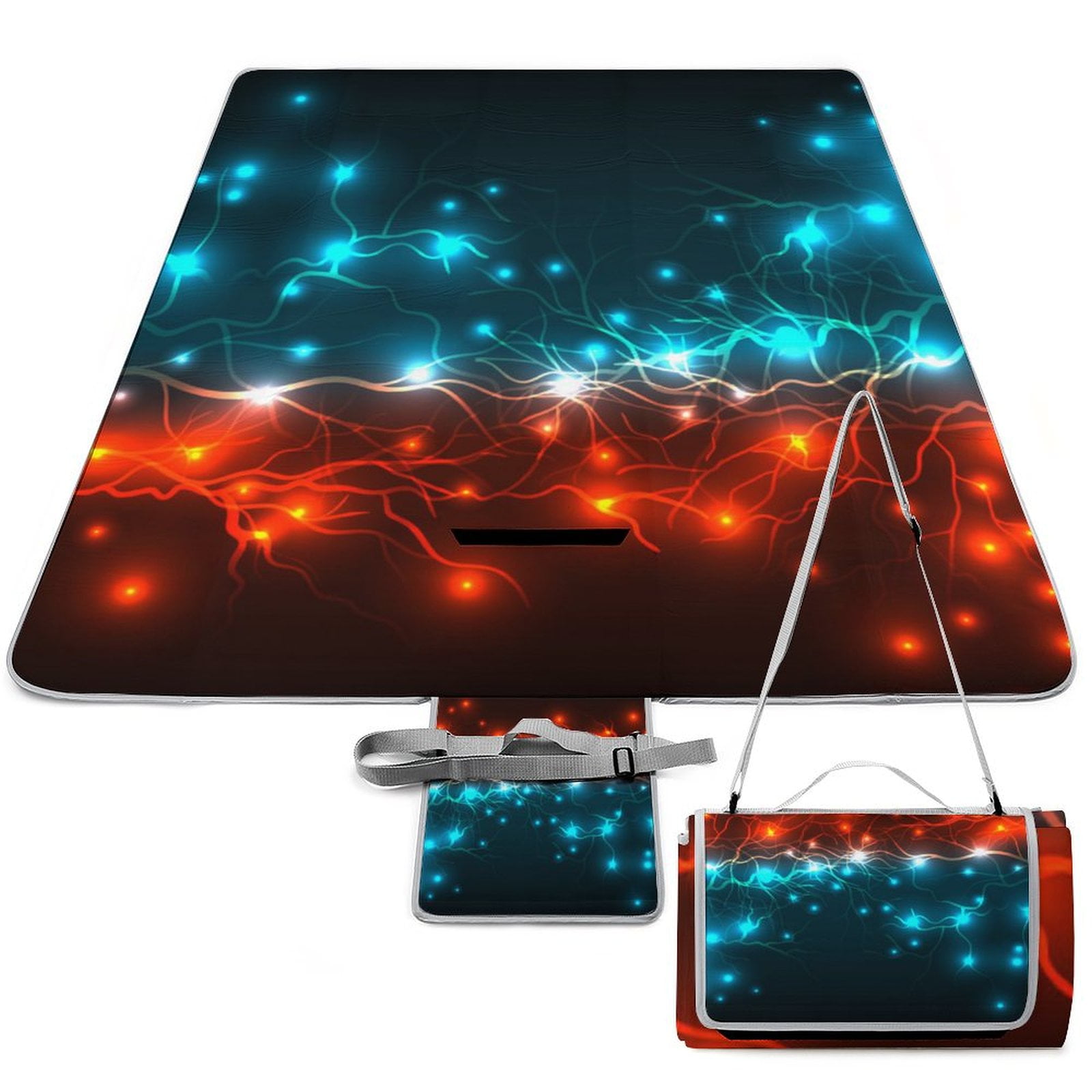 Abstract Red And Blue Lightning Square Picnic Mat Waterproof Beach Mat Folding Mattress Portable ...