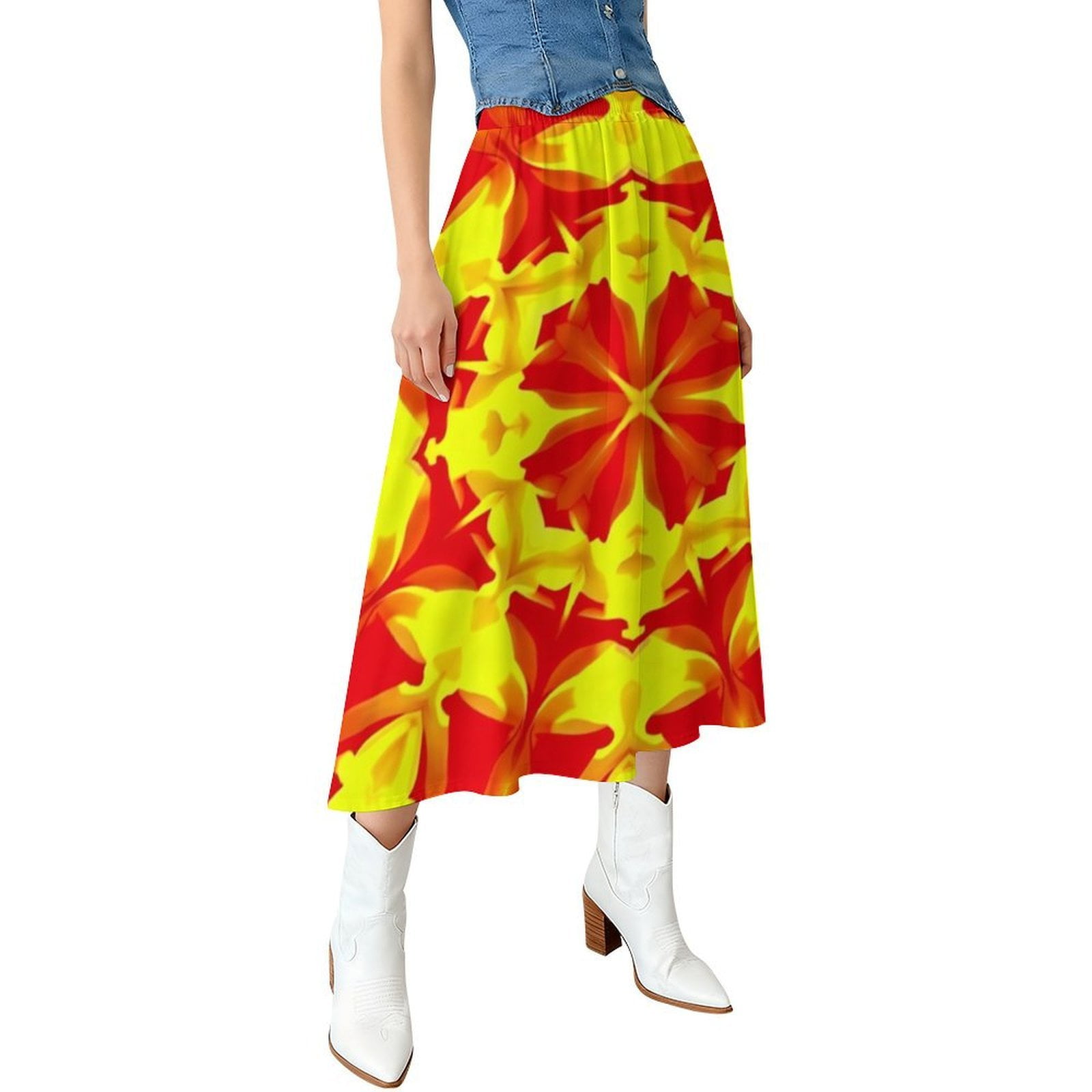 Abstract Red And Yellow Pattern Women High Waist Midi Skirt Elegant ...