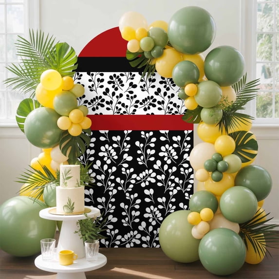 Abstract Red Arch Backdrop Cover, 6.6FT, Black Stripes Floral Plant ...