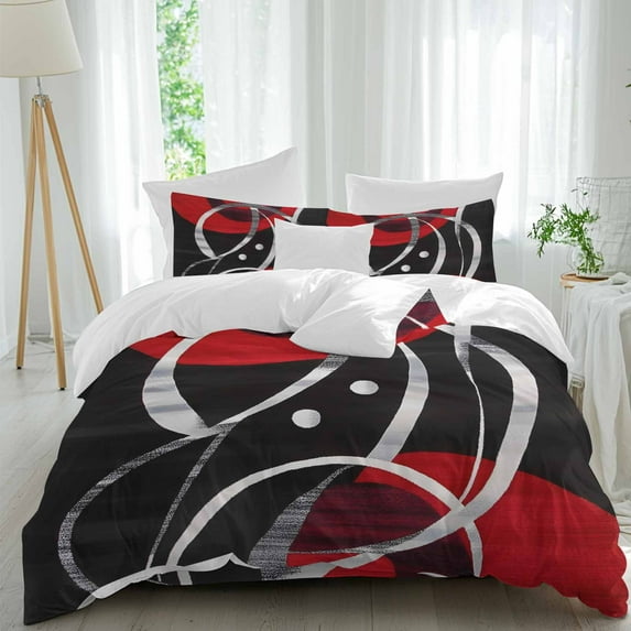 Abstract Red Black 4 Piece Duvet Cover Set Twin Size Abstract Wave Soft ...