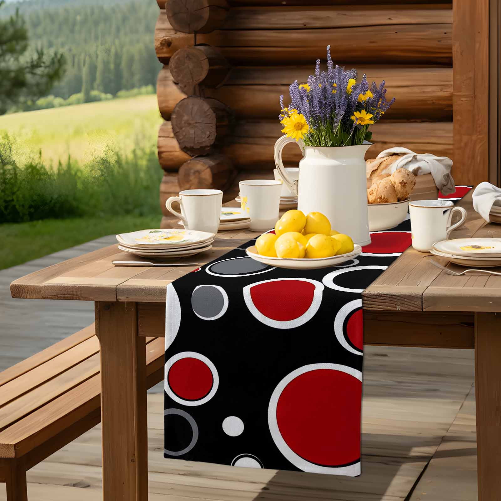 Abstract Red Black Circle Table Runner 13x90in Non-Slip Cotton Linen ...