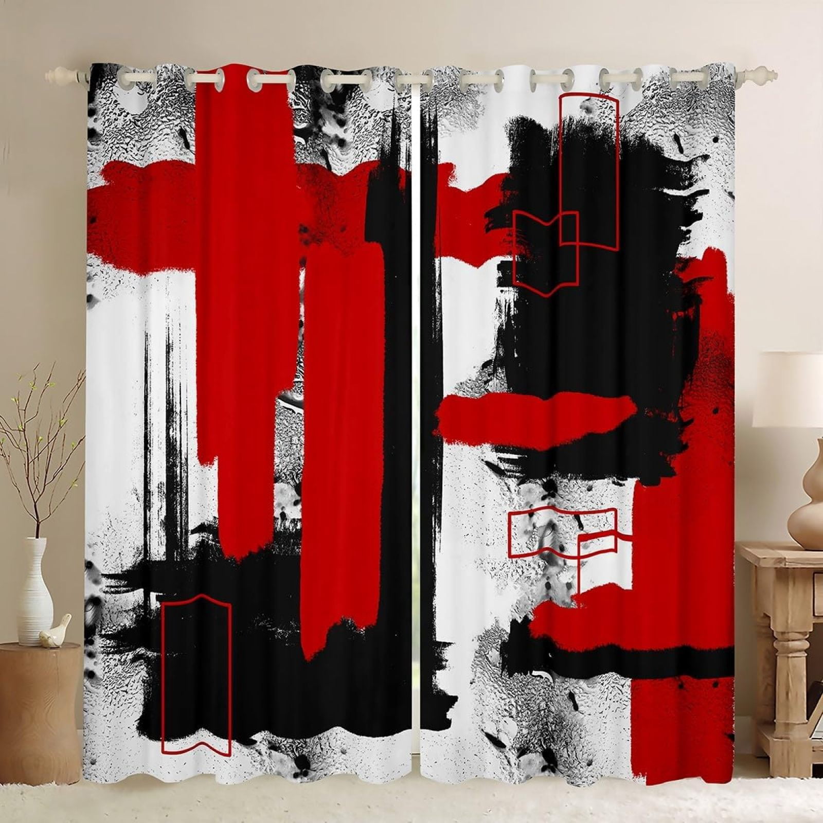 Abstract Red And Black Curtains Modern Abstract Geometric Blackout ...