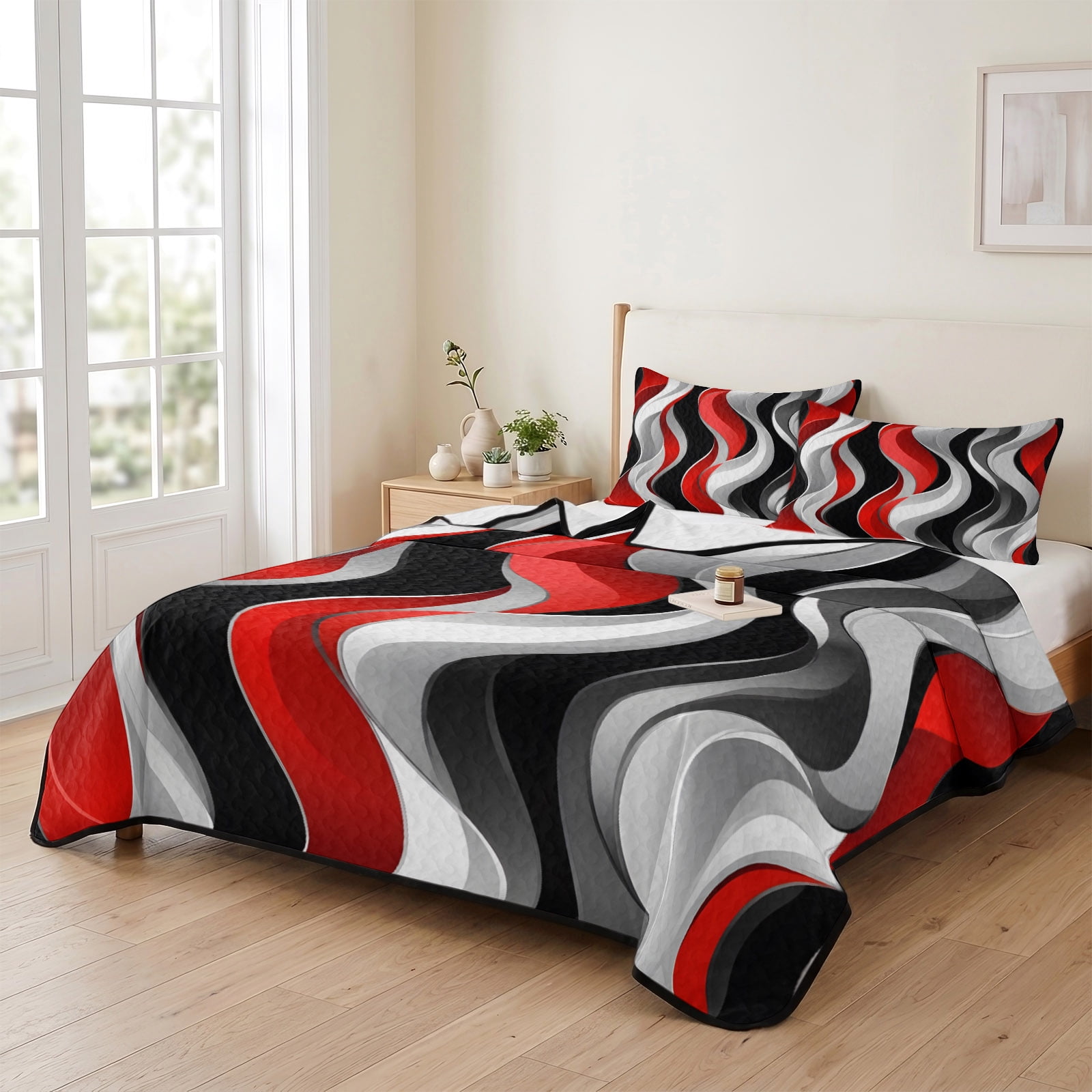 Abstract Red Black Distort Striped 3 Pieces Quilt Set,1 Quilt with 2 ...