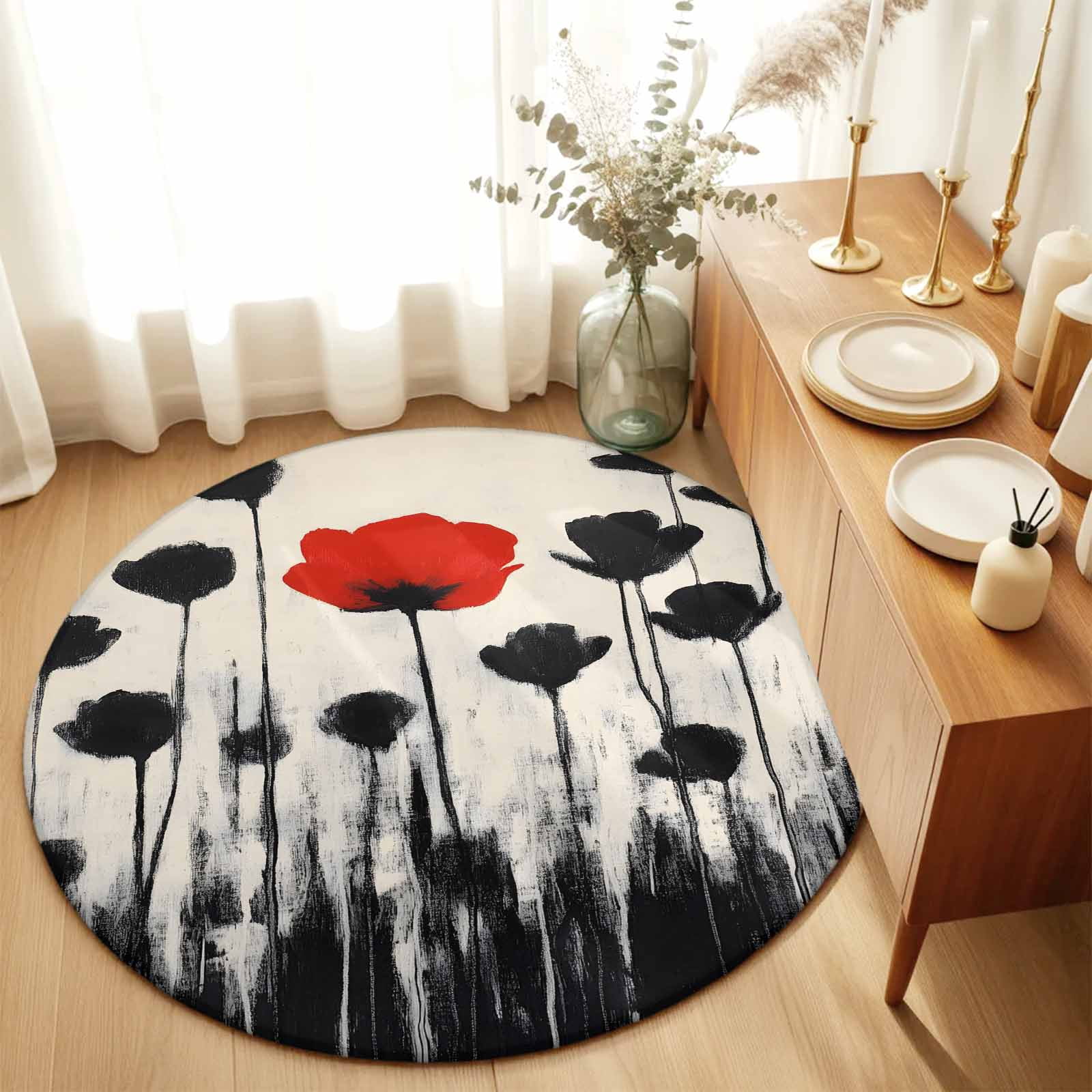 Abstract Red Black Flower Round Area Rug 3ft,Living Room Rug Non-Slip ...