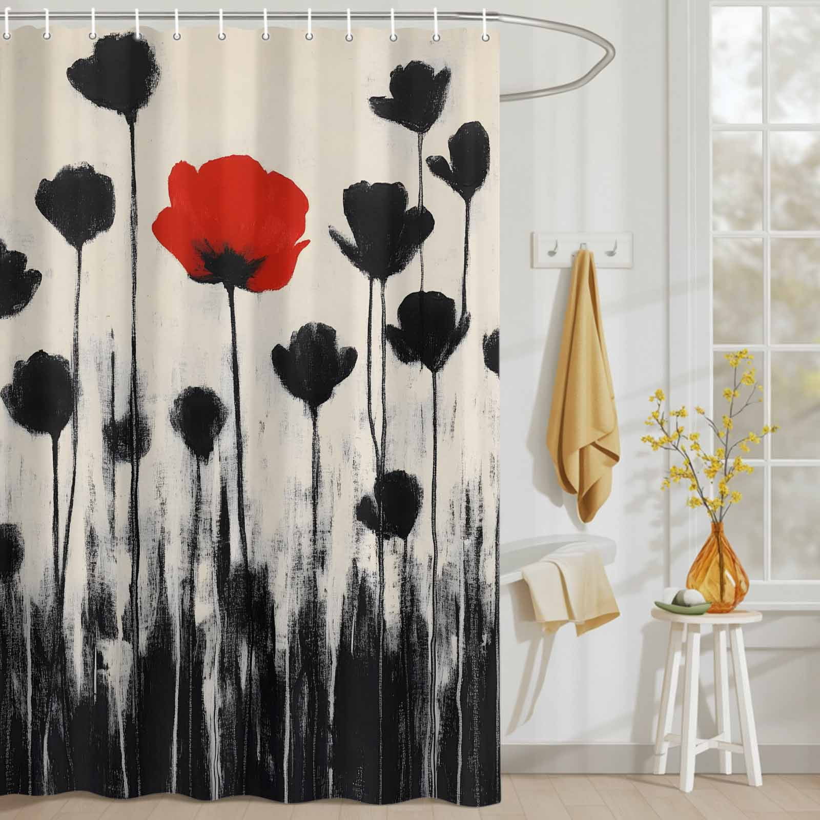 Abstract Red Black Flower Shower Curtain Set, Waterproof Shower ...