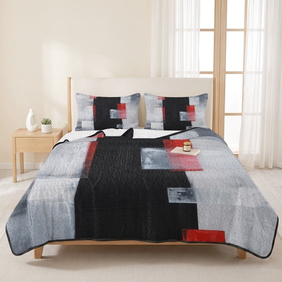Abstract Red Black Geometric Art 3 Pieces Quilt Set,1 Quilt with 2 ...