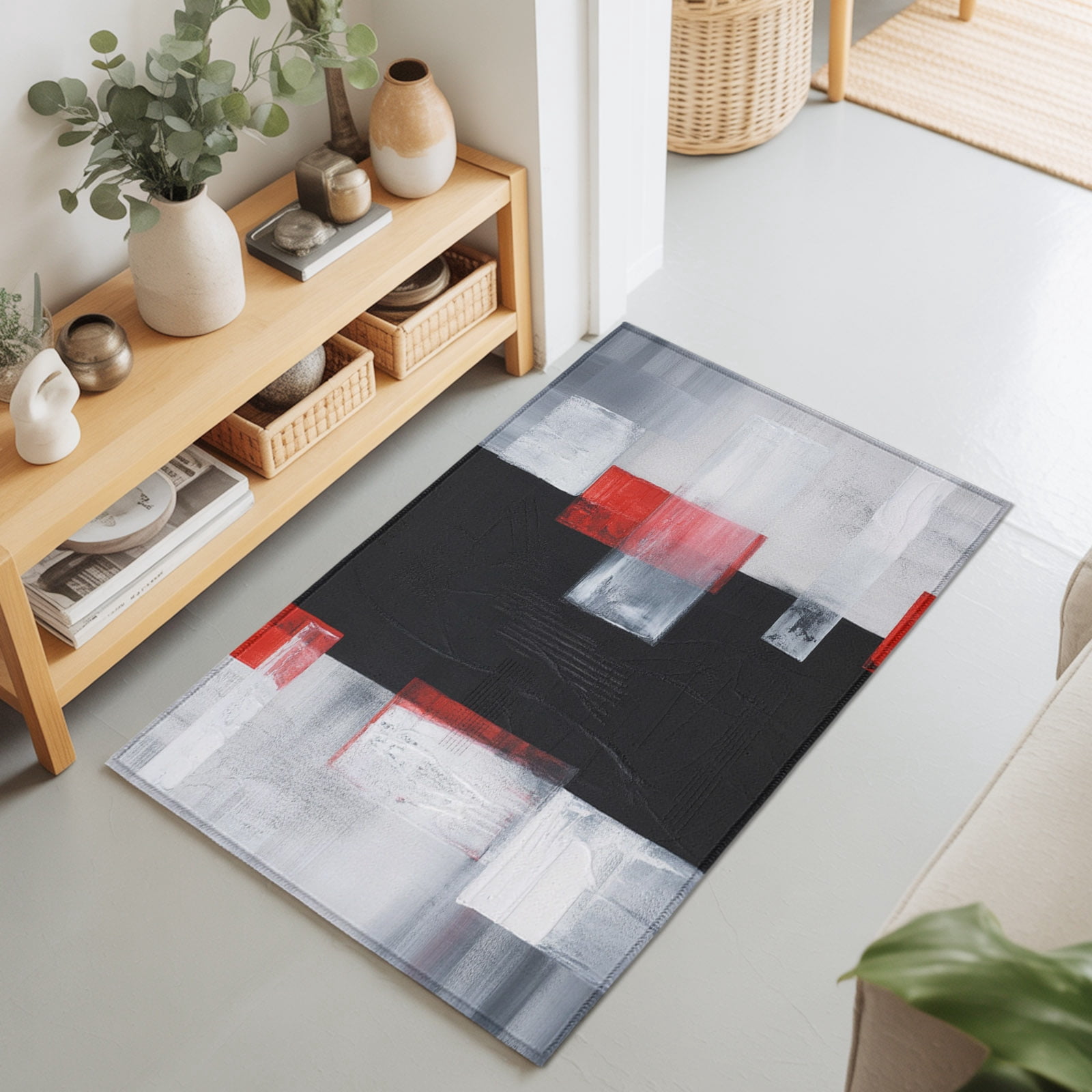 Abstract Red Black Geometric Art Rectangle Rug 2'x3' Retro Painting ...