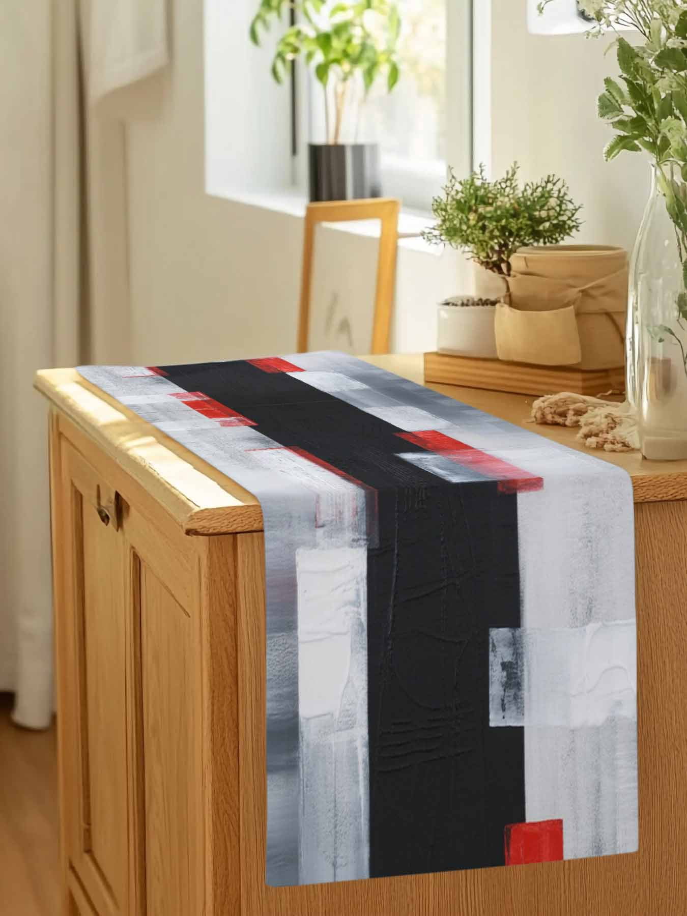 Abstract Red Black Geometric Art Table Runner 13x70in Non-Slip Cotton ...