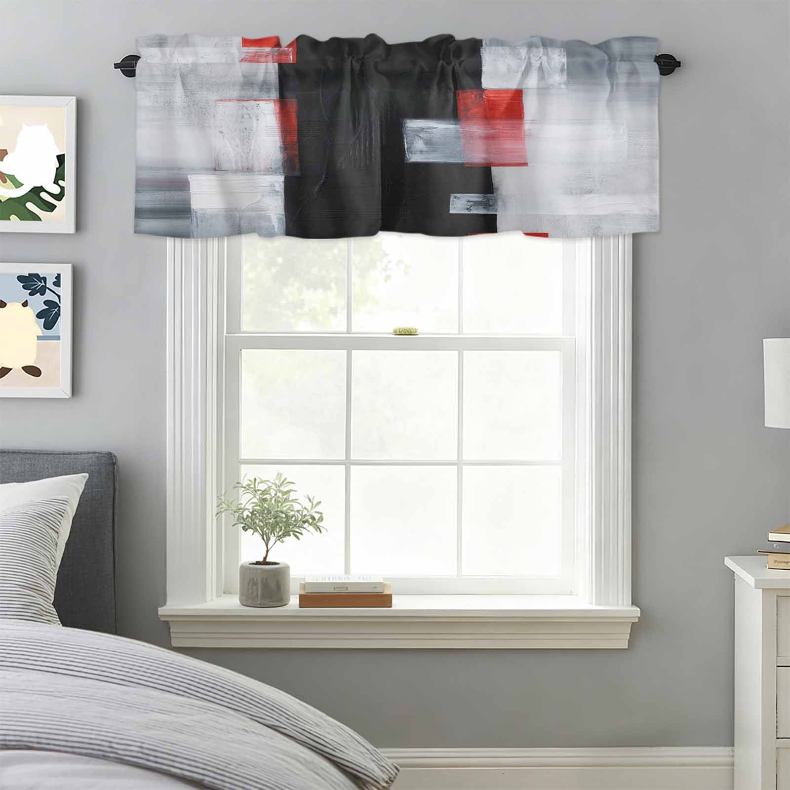 Abstract Red Black Geometric Art Valances for Windows,Rod Pocket ...