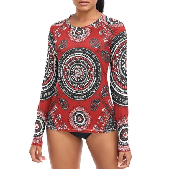 Abstract Red Black Geometric Pattern Women's Rash Guard Shirts UPF 50 ...