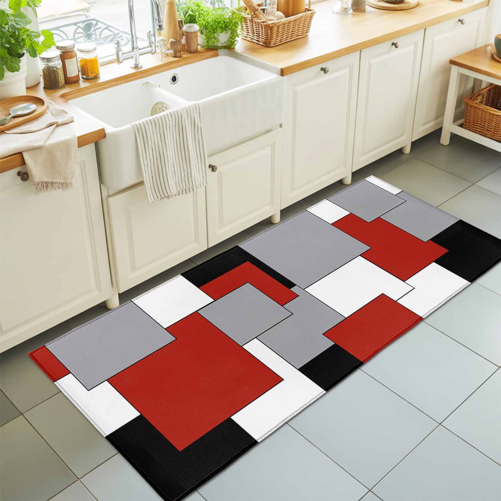 Abstract Red Black Grey White Color Block Rectangle Rug 2'x6' Splicing ...
