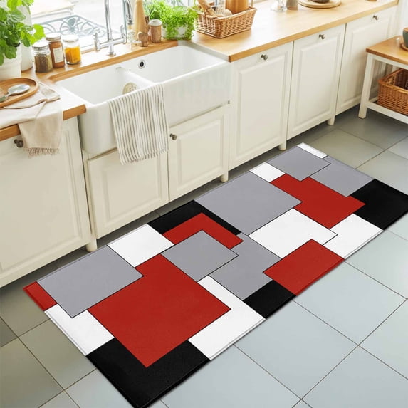 Abstract Red Black Grey White Color Block Rectangle Rug 2'x6' Splicing ...