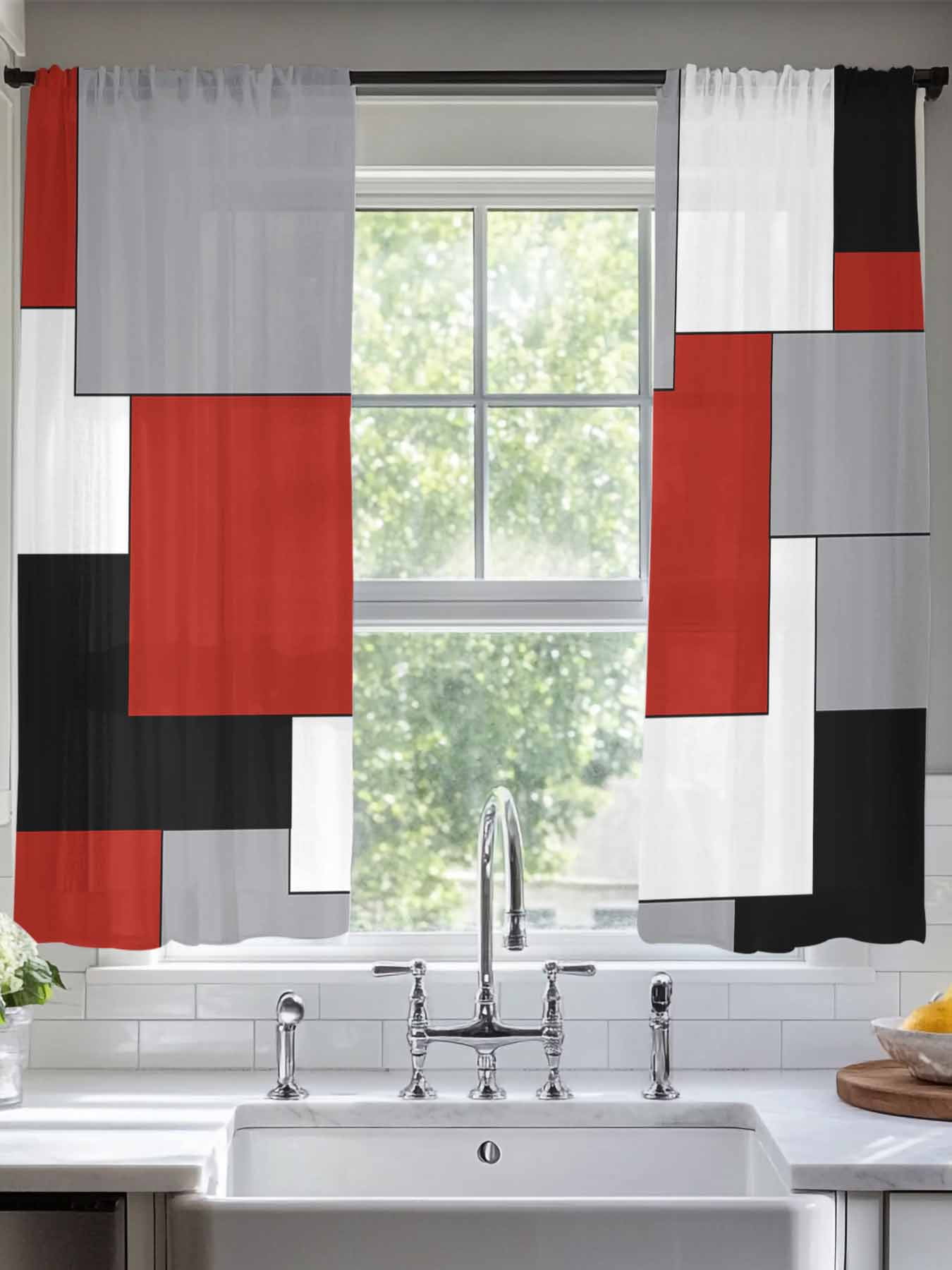 Abstract Red Black Grey White Color Block Sheer Curtains 2 Panels Set ...
