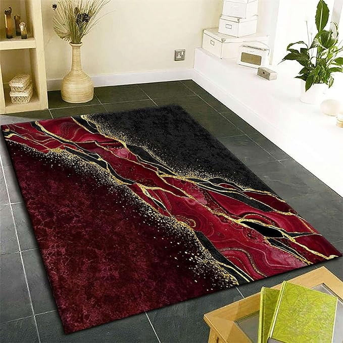 Abstract Red Black Marble Area Rug, Luxury Black Gold Stone Texture ...